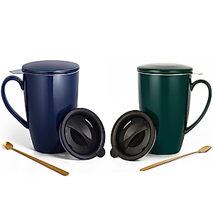 YumKubis Tea Cup Set, Two Sets Tea Cup with Infuser and Lid, 17 OZ Large Tea Infuser Mug, Ceramic Tea Mug for Women, Men, Kids