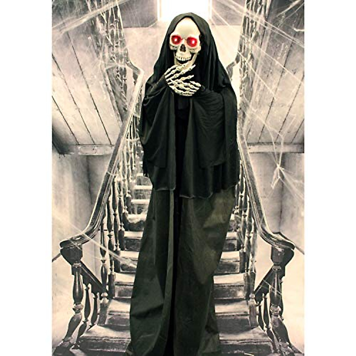 Haunted Hill Farm Life-Size Animatronic Reaper, Indoor/Outdoor Halloween Decoration, Light-up Red Eyes, Poseable, Battery-Operated