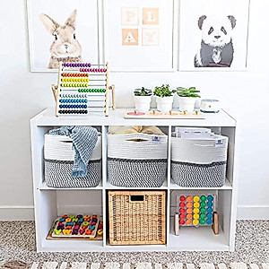 RITHLELA Woven Baskets 15"x10"x9" Cotton Rope Cube Storage Baskets Set of 3 Decorative Baskets Closet Cloth Storage Baskets and Bins for Shelves with Handles for Blanket, Laundry, Clothes - Grey