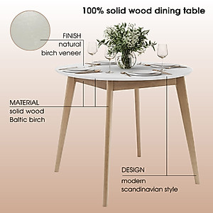 DAIVA CASA Orion Round Table for 4 Person - Birch Solid Wood Kitchen & Dining Room Furniture - Mid Century Modern Scandinavian Style – White Brown Table 37 inch