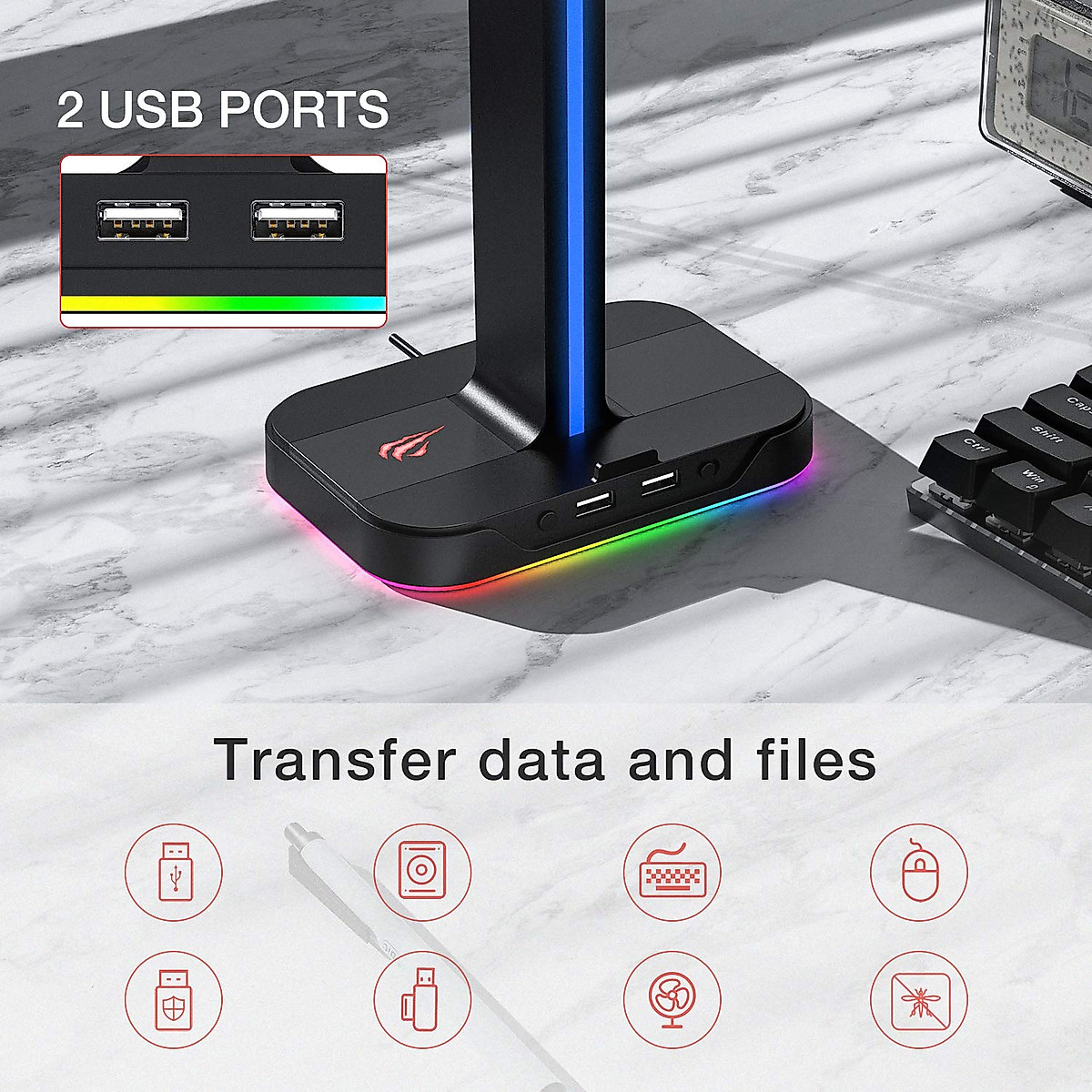 Havit RGB Gaming Headset and Headphone Stand 2 in 1 Set, Desk Dual Headset Hanger Base with Phone Holder & 2 USB Port, Gaming Headphone with Mic for Desktop PC Game PS4 PS5 Xbox