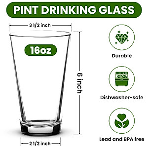 Great Credentials© Pint Drinking Beer Glasses With Tuff Rim, 16 oz - Set of 4