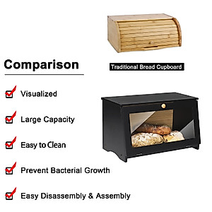 HOMEKOKO Wood Bread Box for Kitchen Counter, Single Layer Bamboo Large Capacity Food Storage Bin (BLACK)