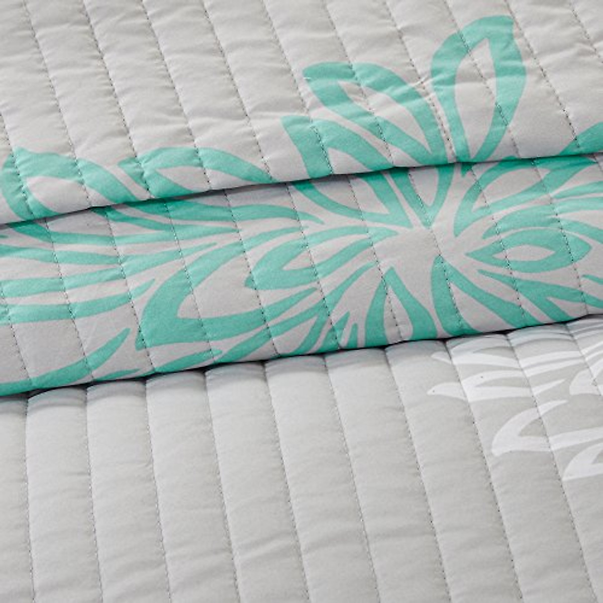 Comfort Spaces Enya Quilt Set - Casual Floral Print Channel Stitching Design, All Season, Lightweight Coverlet, Cozy Bedding, Matching Shams, Decorative Pillows, Full/Queen(90"x90"), Aqua 3 Piece