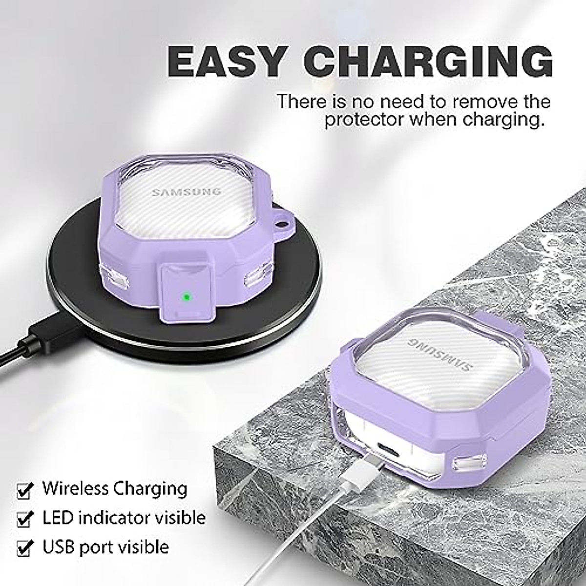 [with Secure Lock] Clear Case Cover for Galaxy Buds 2 Pro Case(2022) /Galaxy Buds Pro Case(2021) /Galaxy Buds 2 Case (2021) /Galaxy Buds Live Case(2020) with Fashion Candy Keychain (Clear Purple)