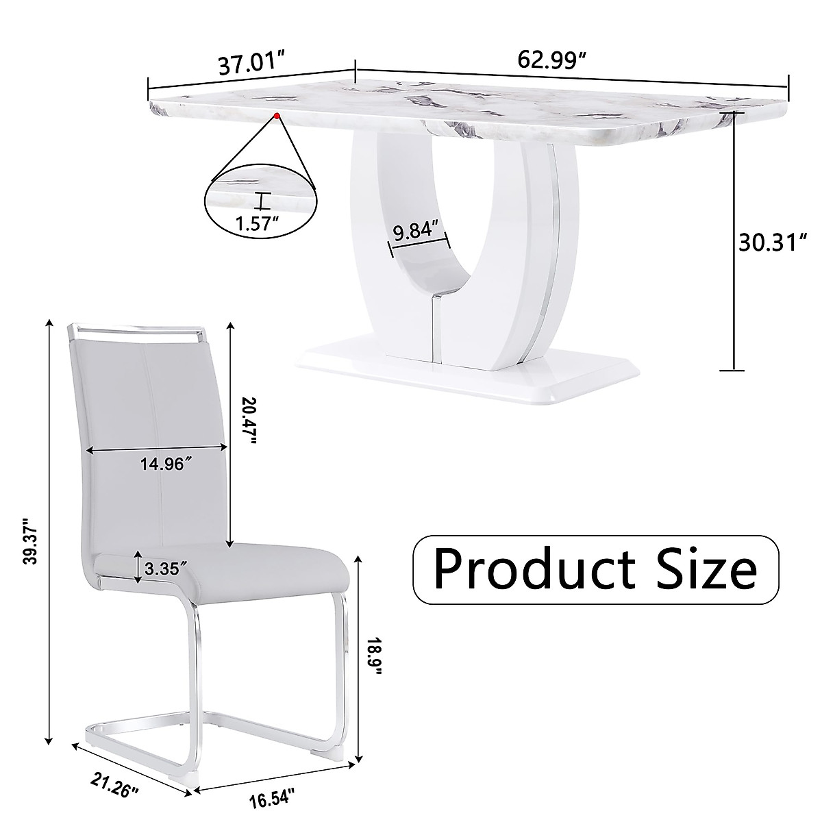 HomVent 63” Contemporary Style Rectangle Kitchen Table with 6 Faux Leather Chair, Dining Room Table with Wood U-Base, Simplistic Kitchen Table Dining Table (White w/ 6 Light Gray Chair)