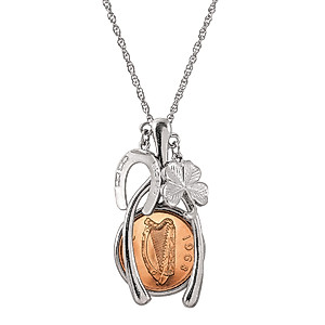 American Coin Treasures Lucky Irish Penny Silvertone Wish Bone Pendant Necklace