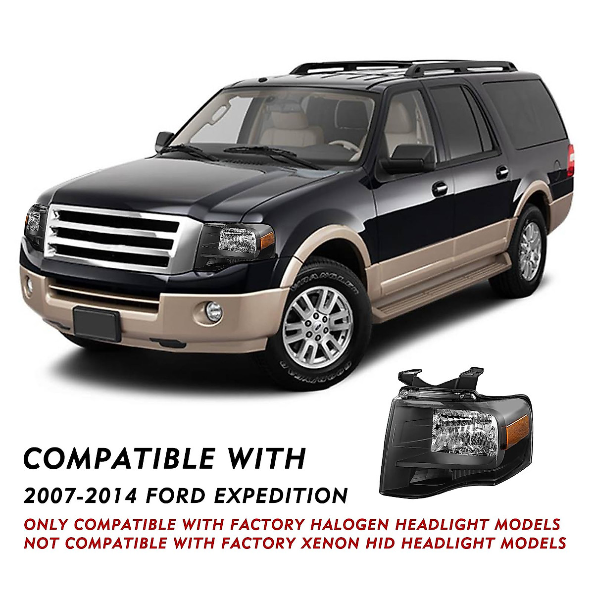 TUSDAR Headlights Assembly Set with Bulbs for 2007-2014 Ford Expedition Driver & Passenger Side (Black Housing with Amber Reflector)