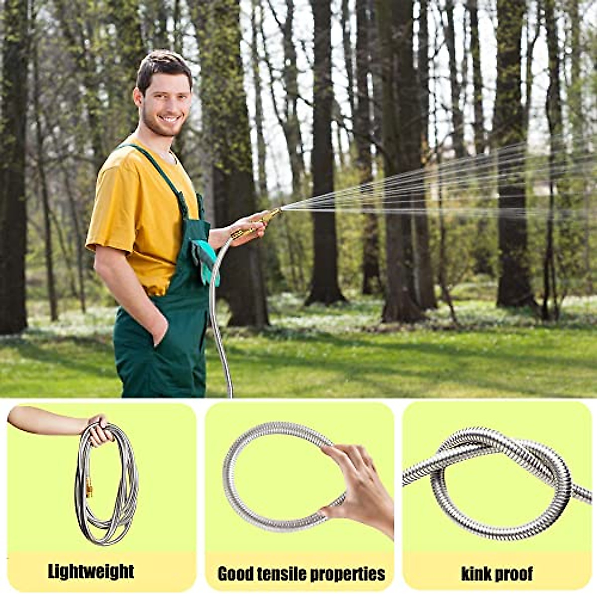 Metal Garden Hose 100FT Heavy Duty Lightweight 304 with Brass Nozzle,Durable Fittings,No Kink & Tangle,Puncture Resistant,Easy to Use & Store for RV,Outdoor, Yard,Ligh (100ft)