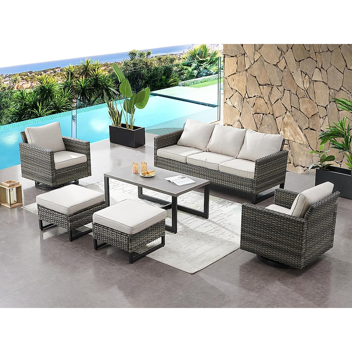 HUMMUH 6 Piece Patio Furniture Set PE Wicker Outdoor Couch,Patio Swivel Rocker Chairs and Tables for Porch,Garden,Backyard