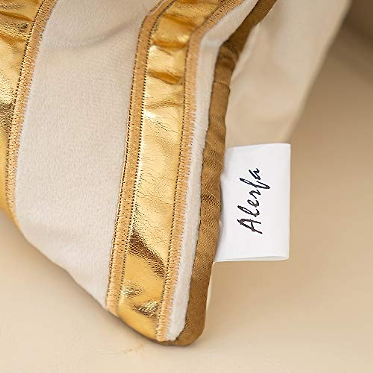 Alerfa White Geometric Gold Leather Striped Throw Pillow Covers 18x18 Inch, Luxury European Cushion Cases Decorative Pillows for Couch Living Room Bedroom 45 x 45cm