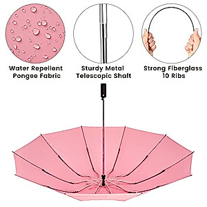G4Free Large Umbrella 54 Inch Windproof Travel Umbrellas for Rain, Small Compact Reverse Folding Umbrella with 10 Ribs Automatic Open Close (Pink)