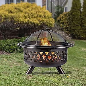 LEAYAN Garden Fire Pit Grill Bowl Grill Barbecue Rack Small Fire Pit,Outdoor Fire Pit with BBQ Grill Shelf Fire Bowl with Spark Protection Mesh Extra Includes Poker and Cover Garden Patio Heater
