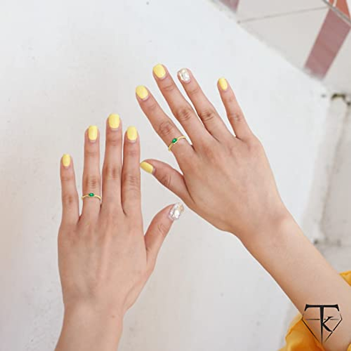 Takar Solid 14k Yellow Gold Solitaire Oval Genuine Emerald Stackable Ring (Size 9.5)