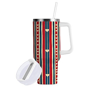 ODAWA Stainless Steel Insulated Tumblers Large with Handle and Straw, Red Blue Stripes Hearts Insulated Travel Tumbler