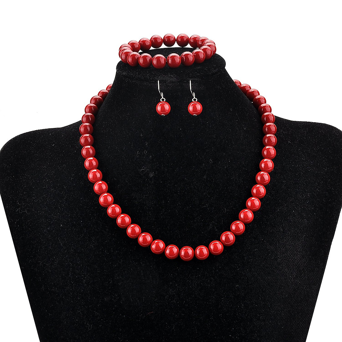 LUREME Fashion Style Pearl Elastic Necklace Bracelet Dangle Earring Set-Red(09000649-7)