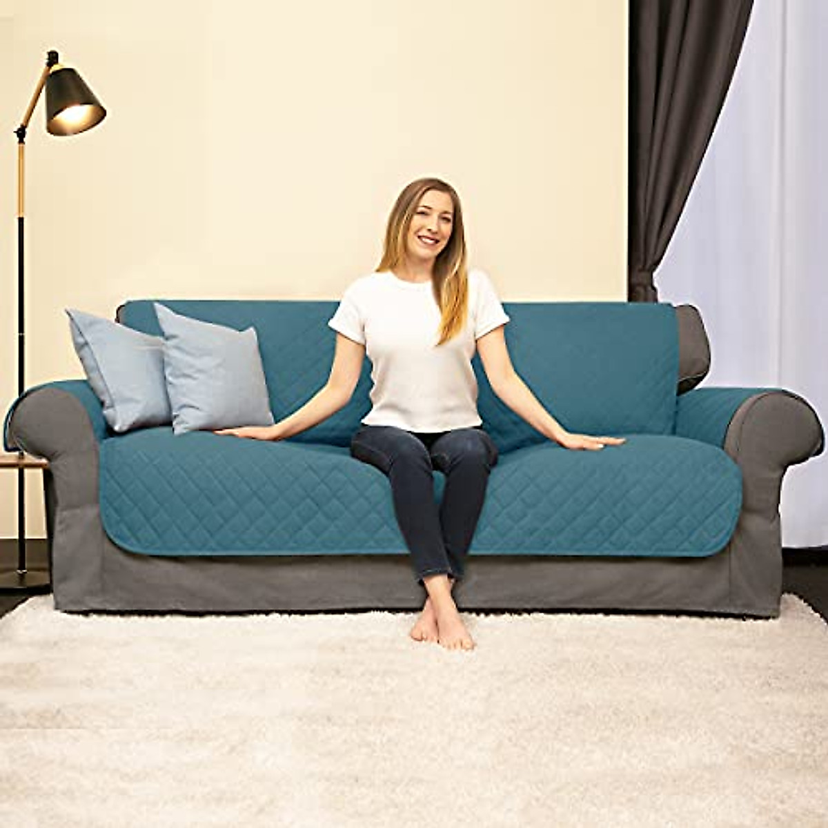 SUBRTEX Sofa Slipcover Reversible Sofa Cover Couch Cover Quilted Slipcover Furniture Protector with Elastic Straps Covers for Living Room Washable Slip Cover for Pets(Oversize Sofa, Blue)