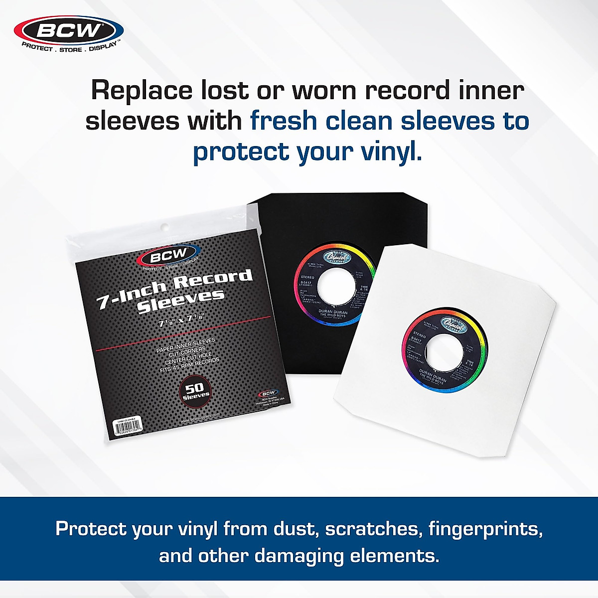 BCW 7 Inch Vinyl Record Paper Inner Sleeves - Angle Cut Corners - White | Pack of 50 | Protective LP Album Sleeves for Vinyl Storage and Preservation | Compatible with 45 RPM Album
