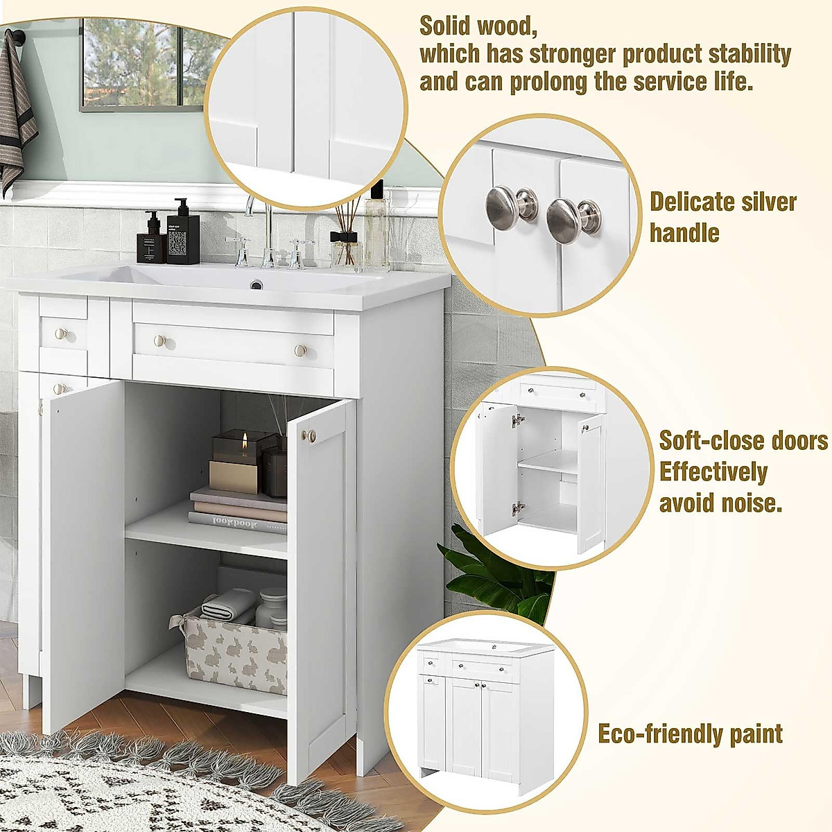 Appot AT-SV000002AAK Bathroom Vanity with Sink, 30 inch Single Bath Room Storage Cabinet and CeramicSink Combo, Solid Wood Frame, 2 Doors BathroomStorage CabinetSet Escorted by Pull-Out Drawers, White