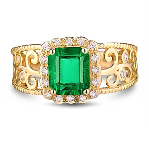 Lanmi 14K Yellow Gold Vintage Natural Green Emerald Rings Diamonds Band Engagement Wedding for Women Promotion