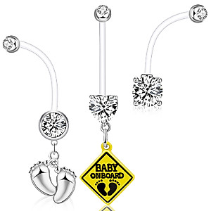 ONESING 3 Pcs 14G Pregnancy Belly Button Rings Flexible Maternity Belly Button Rings Plastic Long Pregnancy Belly Rings 38mm Cute CZ Jewelry Hypoallergenic Sport Navel Rings