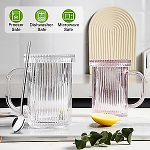 Qipecedm Clear Glass Coffee Mug with Lid, 13 oz Classic Vertical Stripes Coffee Cups, Premium Glass Tea Mug for Hot/Cold Beverages, Ribbed Drinking Glassware Set for Latte, Cappuccino, Tea and Juice