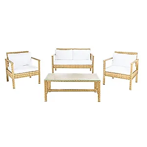 Safavieh Outdoor Collection Garnen Wicker Cushion 4-Piece Living Set PAT7714D, Natural/White