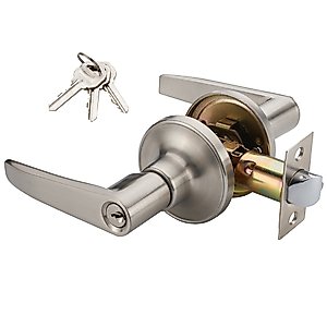 1 Pack of MANREN Lever Keyed Entry Door Lever Handle Lock, Universal Door Knob Hardware,Nickel Brushed Color (MR802ET)