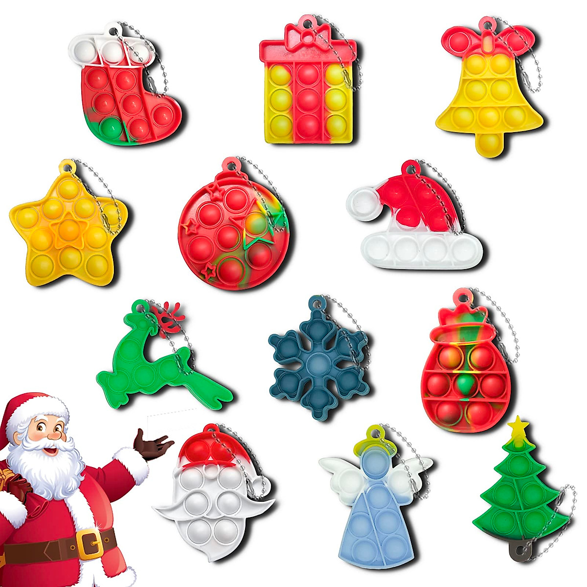 12Pcs Christmas Mini Pop Keychain Fidget Toys, Easter Day Gifts for Kids Mini Pop Bubble Christmas Fidget Toy,Party Favors Silicone Fidget Keychain Relieve Anxiety Stress Fidget Toy