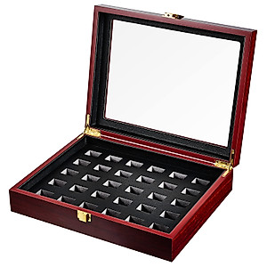 Championship Ring Display Case Wooden Baseball Ring Display Case Box Sports Baseball Ring Holder Championship Ring Box with PU Leather Lining for Multiple Rings, 30 Holes