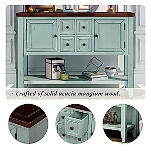 Knocbel Vintage Wood Console Table Buffet Sideboard with 4 Storage Drawers, 2 Cabinets & Bottom Shelf, Entryway Hallway Foyer Table Cupboard Coffee Bar Cabinet, 46" L x 15" W x 34" H (Antique Blue)