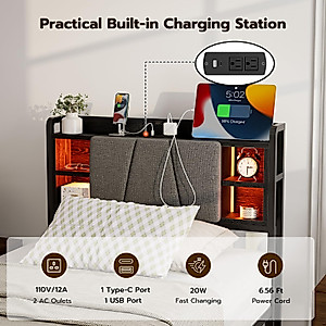KZNGK Twin XL Bed Frames with Storage Shelf Headboard and Charging Station, LED Platform Bed with Drawer and Space Underneath, Metal Slats Support, No Box Spring Needed, Black