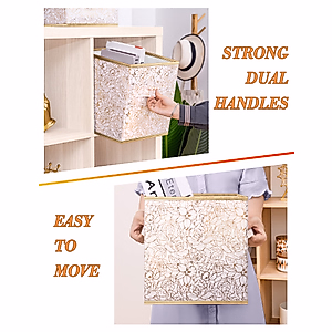 DAMAHOME Collapsible Storage Cube Bins - Fabric Cubby Organizer,Gold Flower Decorative Shelf Basket Dual Handles,11 Inch Metallic Box For Nursery/Home Office/Closet/Kids Room/4-Pack(Flower Gold)