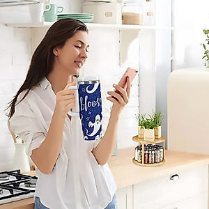 RPLIFE Whimsical Ghosts Deep Blue Stainless Steel Mug, Insulated Water Bottle with Straw, Tumblers for Women