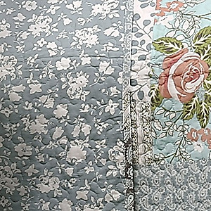 Lush Decor Blue Roesser Quilt | Patchwork Floral Reversible Print Pattern Country Farmhouse Style 3 Piece Bedding Set-King