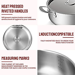 ROYDX Stainless Steel Skillet Saute Pan, 5 Quart Tri-ply Nonstick Large Fry Pans with Lid Single Stay-Cool Handle Cookware, Induction/Electric Gas Cooktops Oven Dishwasher Safe, for Kitchen Camping