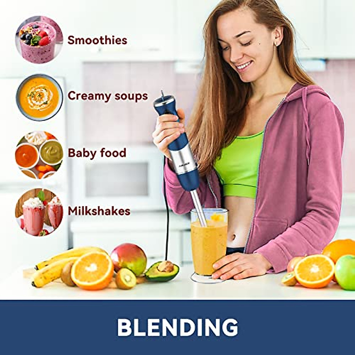 Immersion Blender Hand Blender, Abuler 800W Hand Mixer Stick, 5-in-1, 12 Speed BPA-Free Stick Blender 304 Stainless Steel, Chopper, Whisk, Milk Frother, Beaker, Smoothies, Milkshake, Purée Baby Food, Sauce, Dips, Mayo
