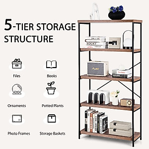 Giantex Industrial 5-Tier Wood Bookshelf - 63’’ Tall Open Storage Organizer Shelves with Anti-Tipping Device and Foot Pads, Steel Frame Bookcase Display Rack for Living Room, Bedroom, Office, Brown