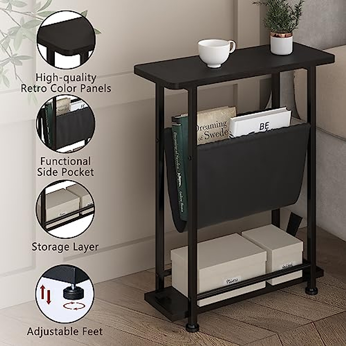 Walmokid 3 Tier Side Table with Magazine Holder, Industrial End Table with Open Storage, Wooden Bedside Table, Sofa Table, Nightstand for Living Room, Bedroom, Small Spaces, Easy Assembly, Black