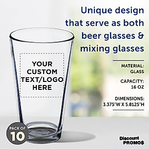 DISCOUNT PROMOS Custom Beer Pint Glasses 16 oz. Set of 10, Personalized Bulk Pack - Heavy Duty Glassware for Restaurant, Thick Base and Walls, Stackable - Clear