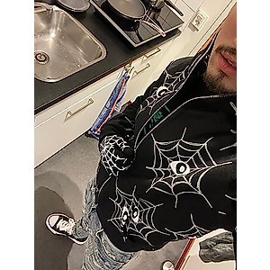 Y2K Women Men Vintage Full Zip Up Hoodies Skeleton Spider Web Graphic Rhinestone Sweatshirt Oversized Grunge Jackets