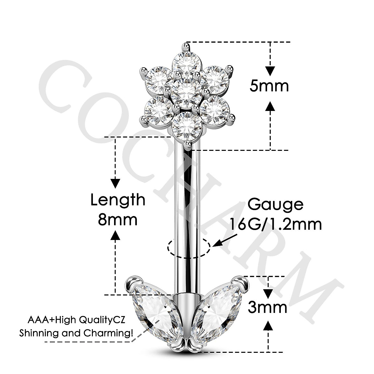 COCHARM Cute Flower Rook Earrings for Women Silver 16g Rook Jewelry 16 Gauge Stainless Steel 8mm Rook Piercing Jewelry Dainty Rook Piercing