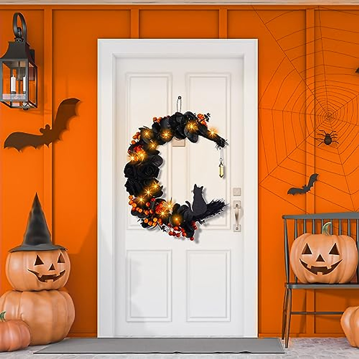 Ceenna Halloween Wreaths Moon Cat Wreath with Rose Cat Door Wreath Cute Cat Garland Light up Moon Cat Wreath with Rose for Front Door Indoor Outdoor Window Farmhouse Porch Wall (Orange Berry)