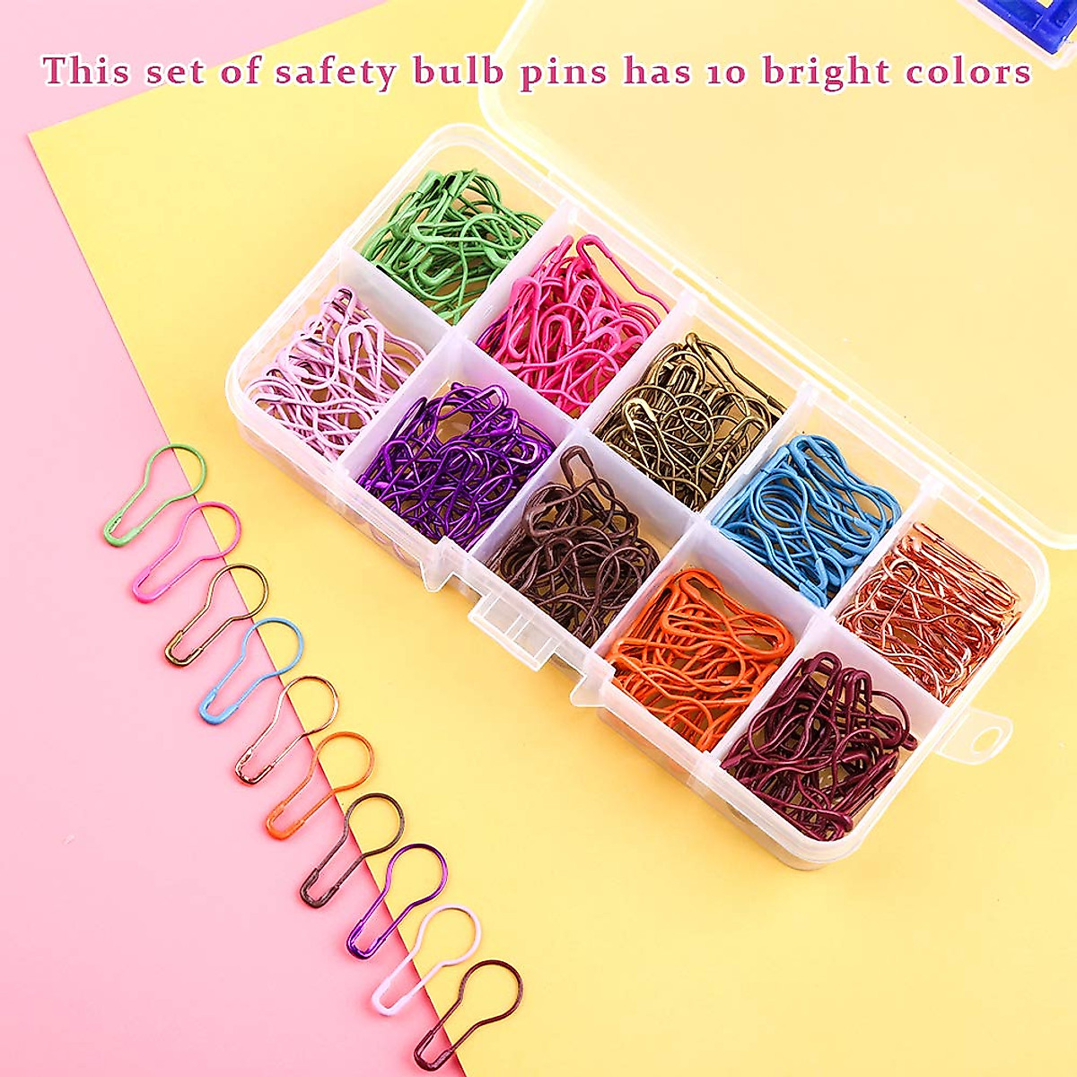 300 Pieces Safety Bulb Pins,10 Colors Calabash Crochet Stitch Markers, Metal Safety Pins for Knitting and DIY Project with Storage Box