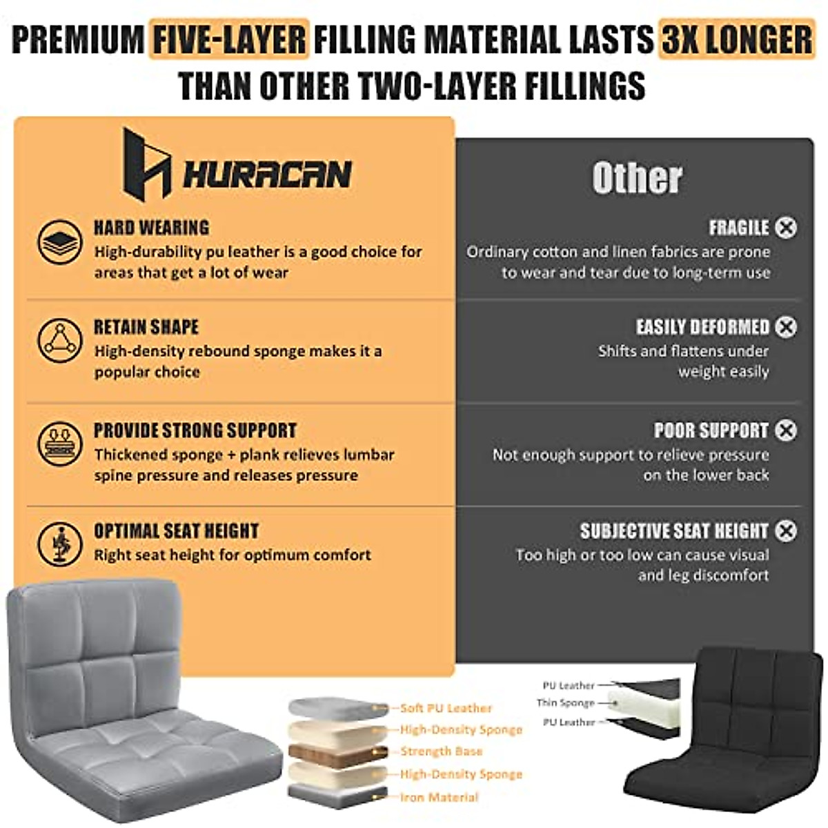 Huracan Adjustable Barstool with Armrest Swivel Bar Stools Set of 2 Counter Height Modern Bar Stool with Back Pu Leather Square Kitchen Island Barstools - Light Grey Base,2pcs