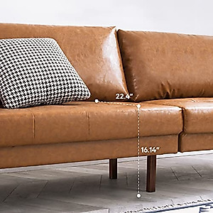 Vonanda Faux Leather Sofa Couch, Mid-Century 73 Inch 3 Seater Leather Couch with Hand-Stitched Comfort Cushion and Bolster Pillows for Living Room,Elegant Cognac Tan