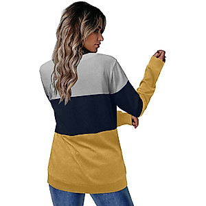 CRAZY GRID Ladies Long Sleeve Tops Pullover Color Block Casual Sweatshirts Comfy Lounge Blouse Blue Yellow Medium