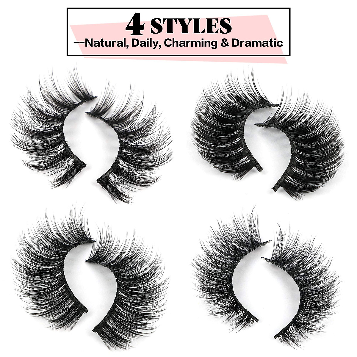 JIMIRE 20 Pairs False Eyelashes 4 Styles Fluffy Eyelashes Pack 3D Volume Faux Mink Lashes Packs