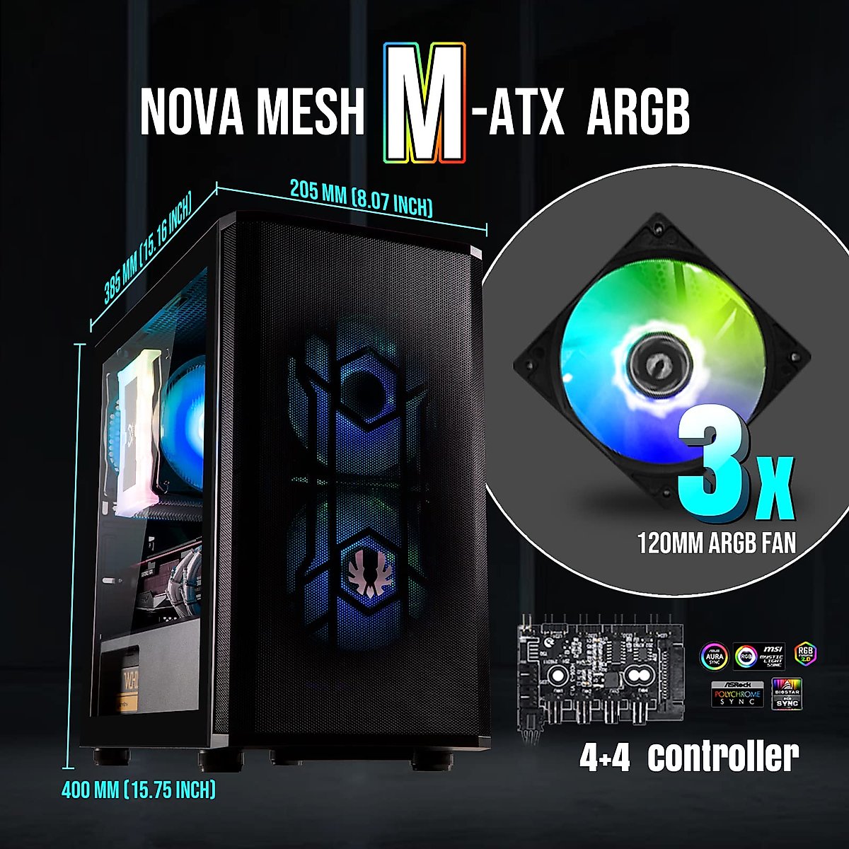 BitFenix Nova Mesh mATX (Micro ATX, Mini ITX) High Airflow PC Gaming Case ARGB Edition Black, 3 x ARGB Fans Pre-Installed, 240mm AIO Support at Top, GPU Length Support Up to 345mm (Micro ATX Black)