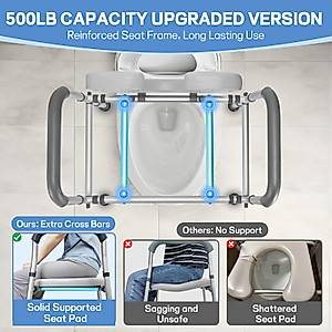 Raised Toilet Seat with Handles, Heavy Duty 500lb Toilet Seat Risers for Seniors, Extra Support Bars for Soft Padded Seat, Adjustable Width & Height Toilet Seat Riser for Disabled-Gray
